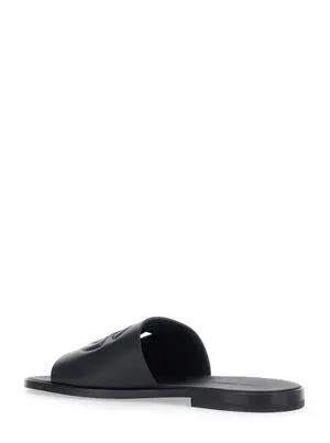 Dolce & Gabbana Leather Cut-out Logo Detail Flat Sandals - Black