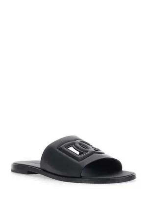 Dolce & Gabbana Black Leather Cut-out Logo Detail Flat Sandals - Multicolor
