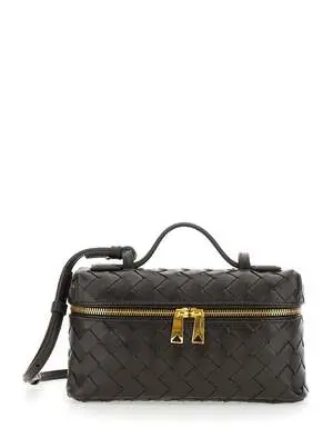 Bottega Veneta Vanity Case With Removable Shoulder Strap And Intreccio Motif In Leather - Brown