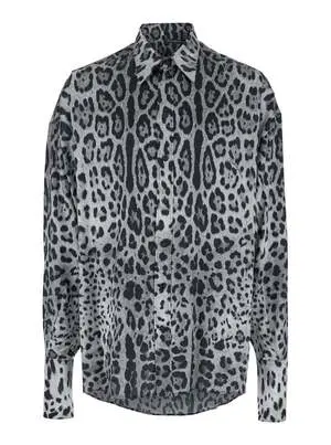 Dolce & Gabbana Grey Shirt With Leopard Print All-over And Logo Lettering In Silk - Multicolor