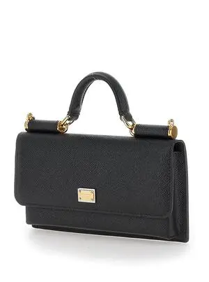 Dolce & Gabbana Grained Leather Crossbody Bag With Logo Plate - Black