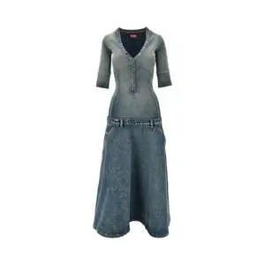 DIESEL® Ribbed Knit Denim Midi Dress With Faded Effect - Blue