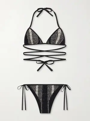 Missoni Missoni Mare Sequin-Embellished Striped Metallic Crochet-Knit Triangle Bikini Black