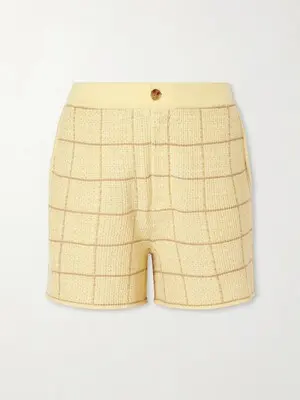 Guest In Residence Checked Knitted Cashmere And Linen-blend Shorts - Yellow