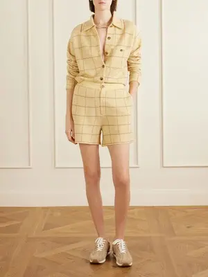 Guest In Residence Checked Knitted Cashmere And Linen-blend Shorts - Yellow