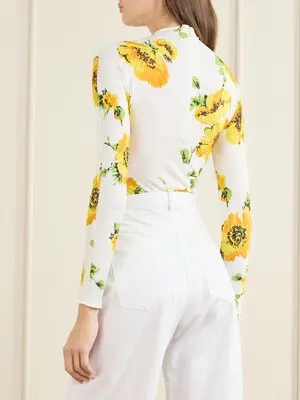 Alaïa Floral Print Jersey High Neck Bodysuit