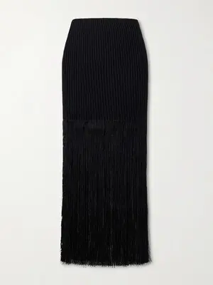 Alaïa Ribbed Fringed Jersey Midi Skirt - Black