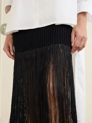 Alaïa Ribbed Fringed Jersey Midi Skirt - Black