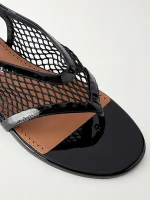 Alaïa Fishnet Patent Leather Flat Sandals - Black
