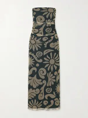 CALA DE LA CRUZ Daphne Ruched Printed Mesh Midi Dress - Black