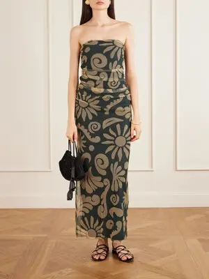 CALA DE LA CRUZ Daphne Ruched Printed Mesh Midi Dress - Black