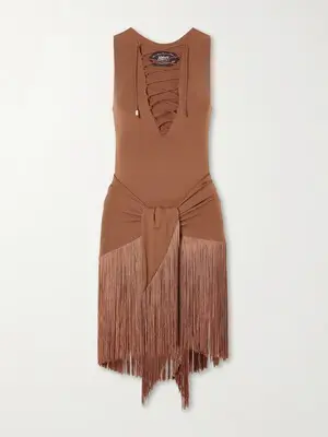 TALLER MARMO Sahara Tie-detailed Stretch-jersey One-piece With Fringed Pareo - Brown