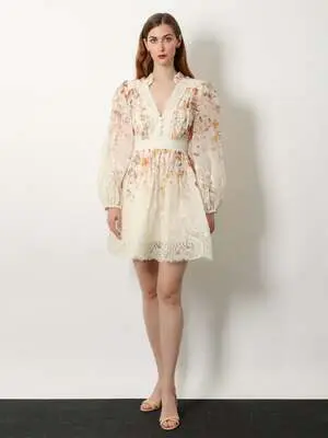 Zimmermann Luna Linen And Silk Dress With Lace Inserts