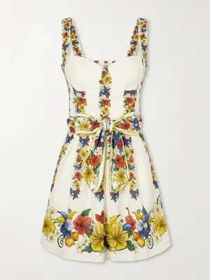Farm Rio Belted Floral Print Linen-blend Mini Dress - Neutrals