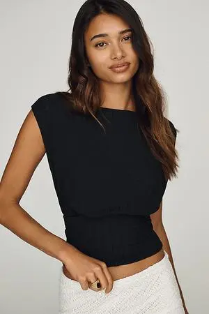 Anthropologie Ribbed Boatneck Cap Sleeve Top - Black