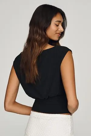 Anthropologie Ribbed Boatneck Cap Sleeve Top - Black