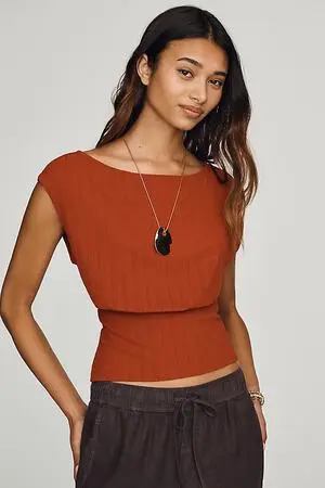 Anthropologie By Anthropologie Ribbed Boatneck Cap Sleeve Top Dark Red