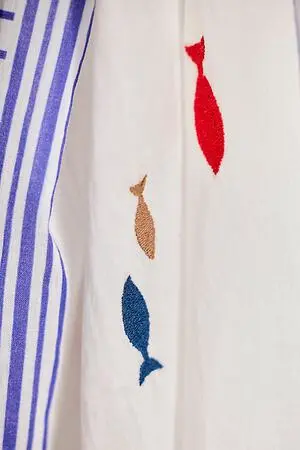 ELIZABETH GILLETT Embroidered Fish Square Cotton Scarf