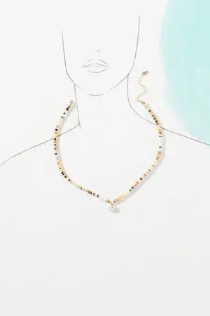 Anthropologie Beaded Shell Pendant Necklace - Neutral