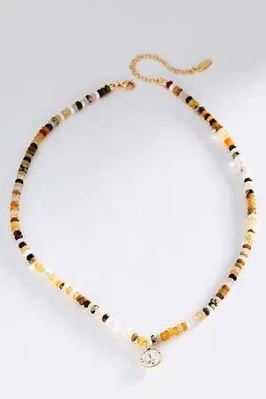 Anthropologie Beaded Shell Pendant Necklace - Neutral