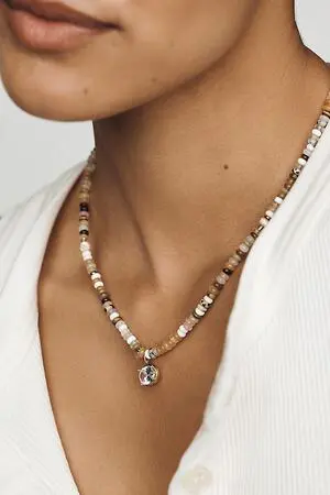 Anthropologie Beaded Shell Pendant Necklace - Neutral