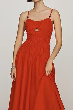Avec Les Filles Shirred Midi Dress - Bright Red