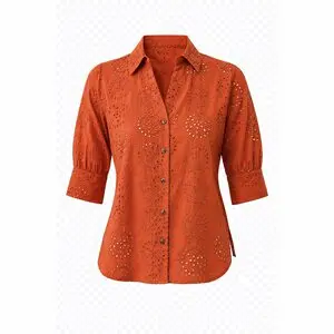 CARLOSLINES Embroidered Cotton V-neck Short Sleeve Shirt Blouse - Orange