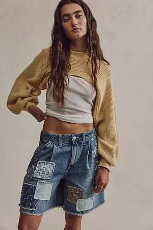 Free People Reese Patched Workwear Shorts - Blue Star Patch