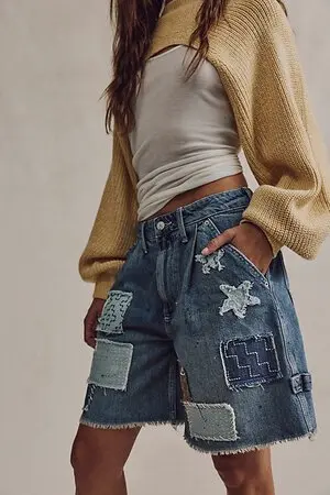 Free People Reese Patched Workwear Denim Shorts