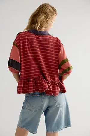 Free People Harbor Stripe Peplum Top - Pink Combo