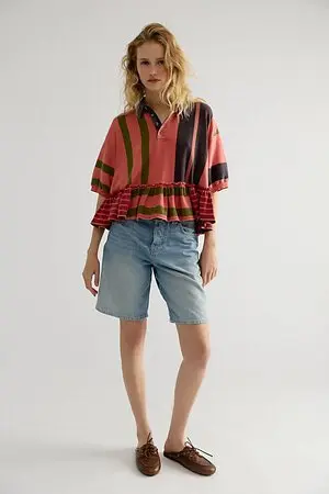 Free People Harbor Stripe Peplum Top - Pink Combo