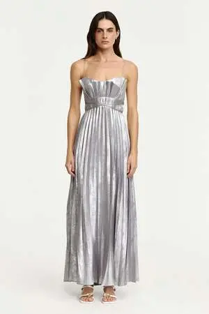 Acler Kelsale Maxi Dress Metallic Pleated Gown - Silver Metallic