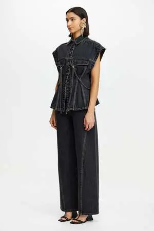 Acler Poulton Top Sleeveless Denim Shirt With Contrast Stitching And Waist Tie Detail