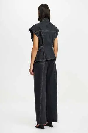 Acler Poulton Top Sleeveless Denim Shirt With Contrast Stitching And Waist Tie Detail