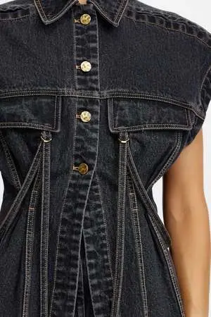 Acler Poulton Top Sleeveless Denim Shirt With Contrast Stitching And Waist Tie Detail