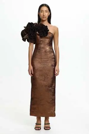Acler Hampstead One-shoulder Frill Midi Dress - Bronze
