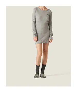 Miu Miu Ribbed Knit Jersey Dress With Logo Patch