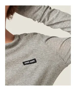 Miu Miu Ribbed Knit Jersey Dress With Logo Patch