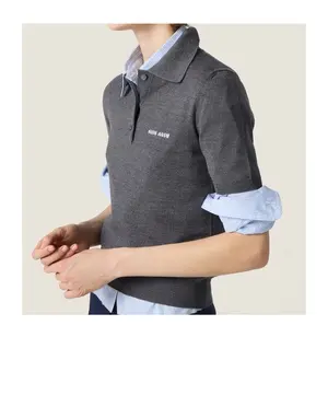 Miu Miu Wool Knit Polo Shirt With Intarsia Logo - Slate Ash