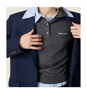 Miu Miu Wool Knit Polo Shirt With Intarsia Logo - Slate Ash