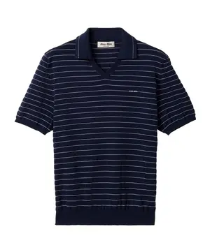 Miu Miu Striped Embroidered Knitted Polo Top - Blue