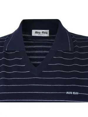 Miu Miu Striped Embroidered Knitted Polo Top - Blue