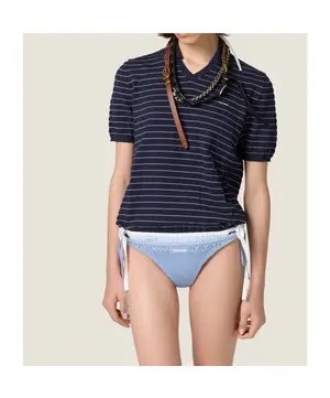 Miu Miu Striped Embroidered Knitted Polo Top - Blue
