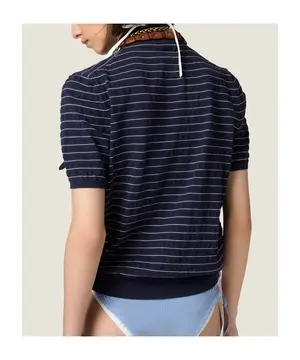 Miu Miu Striped Embroidered Knitted Polo Top - Blue