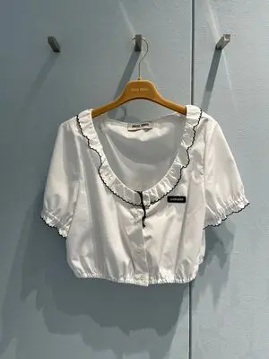 Miu Miu Cropped Ruffled Neck Top - White/blue