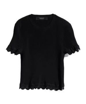 Gucci Fine Matte Viscose Ribbed Top With Lace Trim - Black