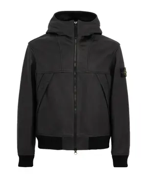 Stone Island Leather Zip-up Hooded Jacket - Black