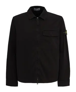 Stone Island Logo Cotton Zip-up Shirt Jacket - Black