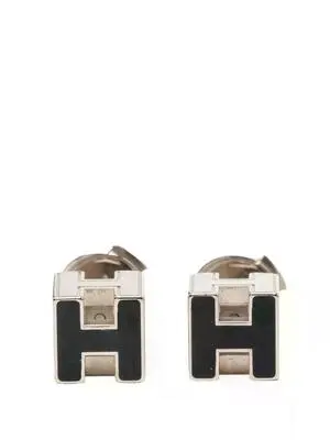 Hermès Palladium Plated Enamel Cage 'd H Push Back Earrings - Silver