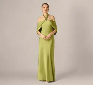 Aidan Mattox Satin Draped Shawl Halter Gown - Fern